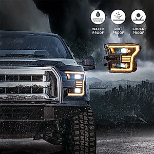 VLAND LED Headlights Compatible For [2015-2017 Ford F150 XL, XLT, Lariat, King Ranch, Platinum, Limited] With Dynamic Amber DRL & Turn Signal Lights, (Factory Halogen ONLY)