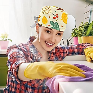 Autumn Leaves Acorns Bouffant Hat with Ribbon Ties & Buttons, 2 Packs Scrub Caps Women Long Hair, One Size Working Head Cover