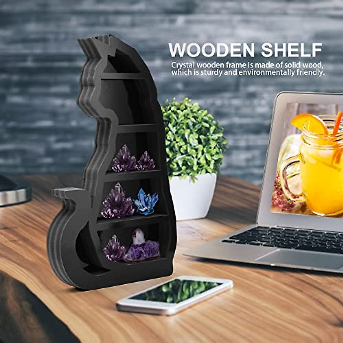 Alapaste Upgrade Moon Shelf Cat Design,Black Cat Wooden Crystal Shelf Display,Cat Shelves Crystal Holder for Stones Display,Moon Phase Wall Decor,Gothic Home Decor