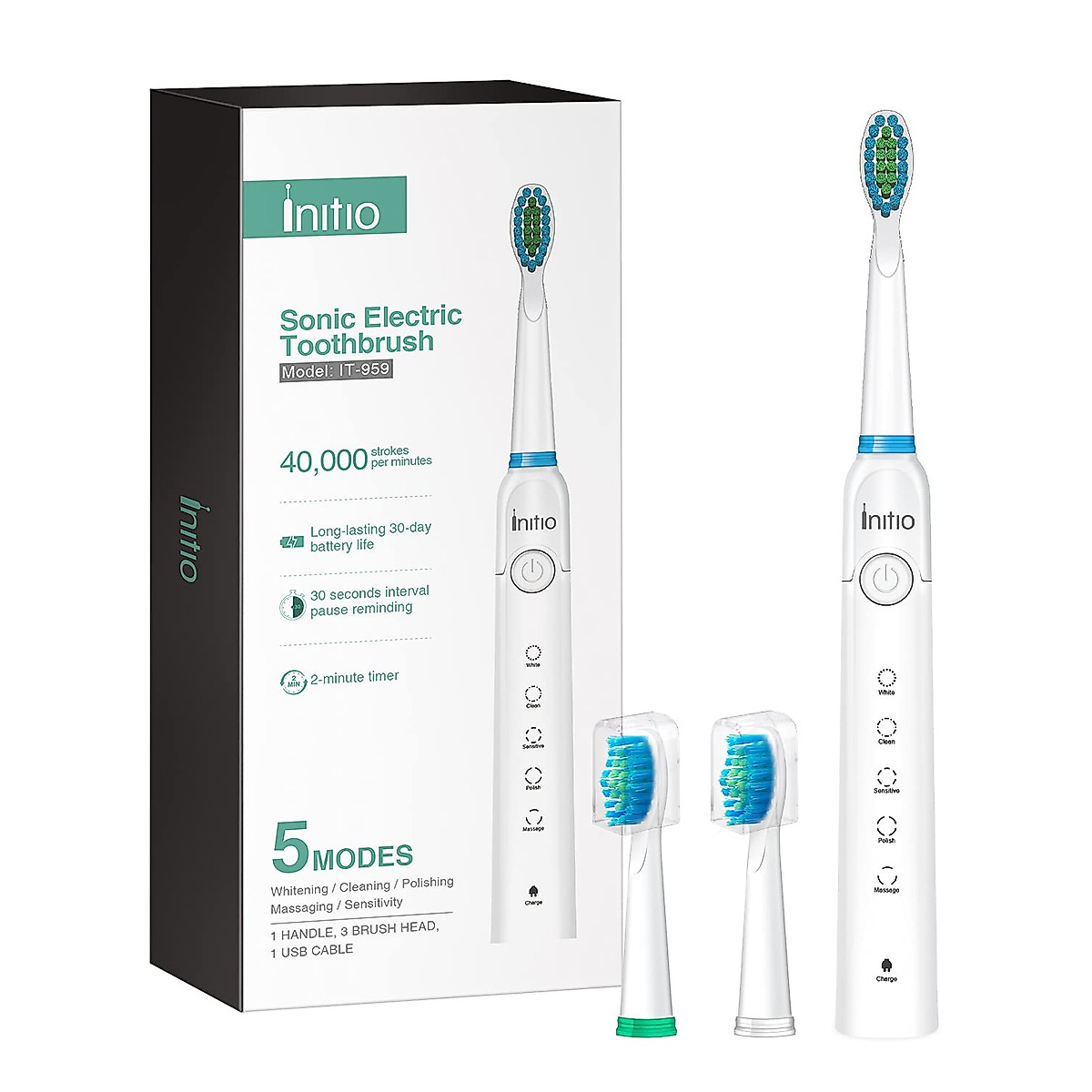 Initio Sonic Electric Toothbrush for Adults, Rechargeable Toothbrush with Smart Timer, 5 Modes, 3 Brush Heads, 40,000 VPM Motor, Whitening Power Toothbrush, IT959 (White)