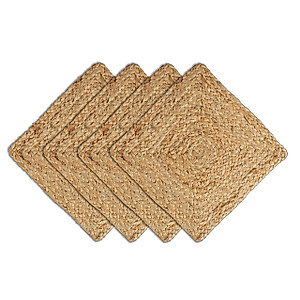 Natural Jute Placemat Set of 4 - Square 13 Inch Decorative Reversible Braided Hand Woven Charger for Dinner Table Décor Farmhouse Christmas Wedding Family Gathering Party and Everyday Use