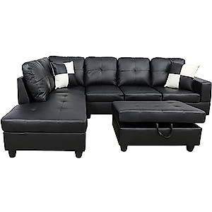 ERYE Faux Leather Corner Sectional Sofa Couch with Chaise and Storage Ottoman, L-Shaped Upholstered Sofa&Couch W/ 2 Pillows for Home Office Apartment Living Room Furniture Sets