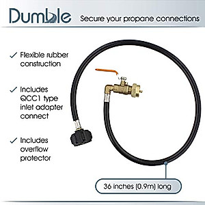 Dumble High Pressure Propane Hose, 3 Feet Rubber - Propane Regulator Gas Hose with On-Off Control Valve for Camping