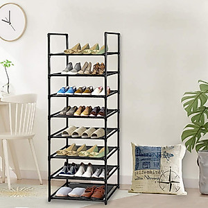 UrMsun 8 Tiers Shoe Rack 16-20 Pairs Sturdy Shoe Shelf Non-Woven Fabric Shoe Tower Organizer Cabinet Black Tall Narrow Shoe Rack