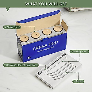 4 PCS Glass Cups with Bamboo Lids and Glass Straws and Stainless Steel Stirring Spoon. 16 Oz Can Shaped Ice Glass Coffee Cups, Drinking Glasses and Beer Glasses and for Whiskey, Tea, Soda, Water
