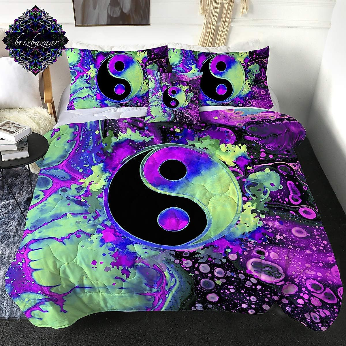 Sleepwish Colorful Yin Yang Full Size Comforter Set Purple Turquoise Bedding Set 4 Pieces Psychedelic Splash Bubbles Bed Set with 2 Pillow Cases 1 Cushion Cover