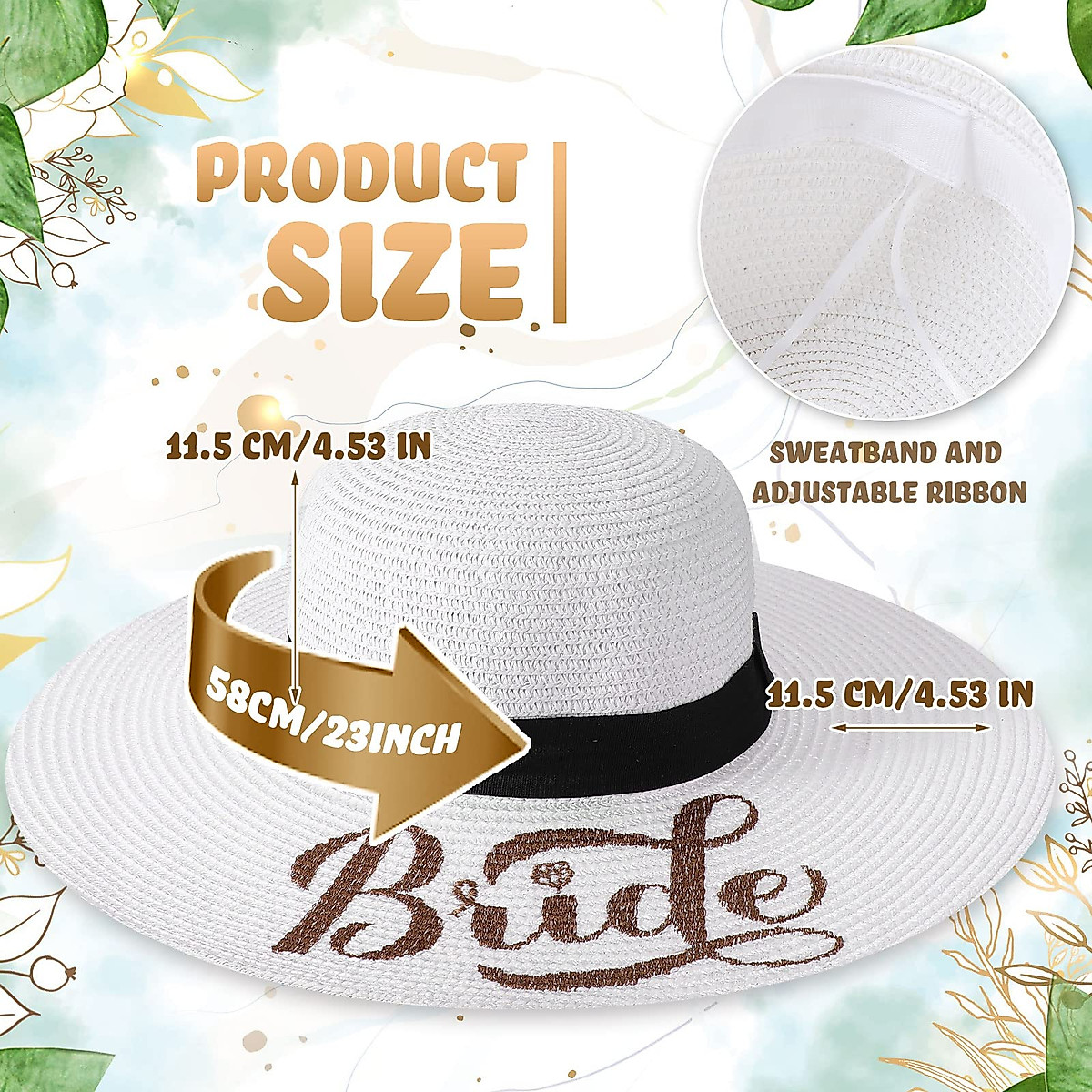 7 Pcs Bride and Bridesmaid Sun Hat Bulk Women Hat Foldable Floppy Sun Hat for Bachelorette Party Gift Honeymoon (Cute Style) White, Beige