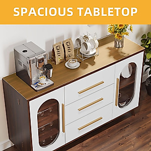 DWVO Storage Cabinet, 59'' Sideboard Buffet Cabinet with Storage, Coffee Bar Cabinet with 3 Drawers, 2 Glass Doors, Capacity 300 lbs, Credenza for Kitchen, Living Room, White Brown