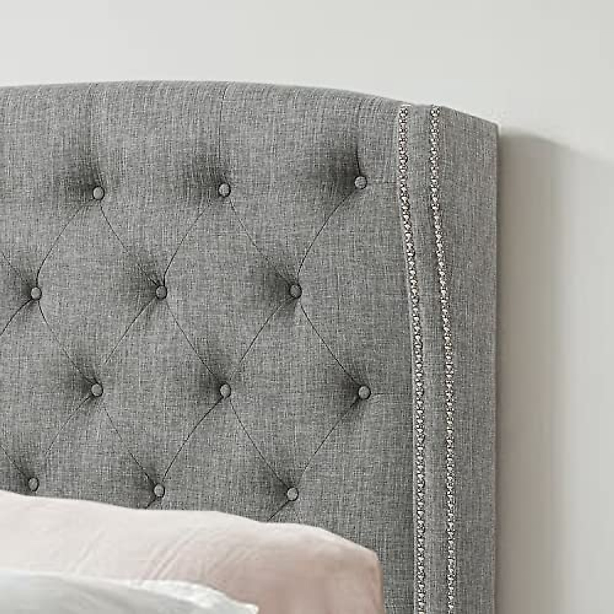 Rosevera Louis Linen Upholstered Wingback Headboard with Double Nailhead Trimming and Button Tufting for Bedroom, Queen, Gray
