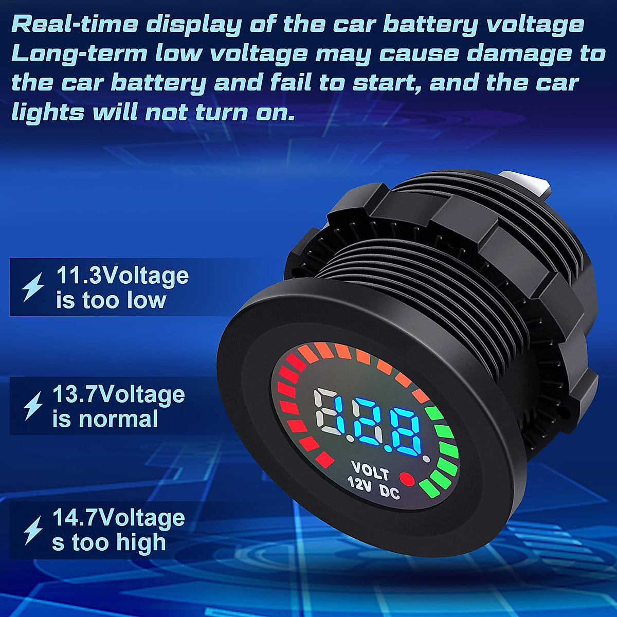 2 Pcs DC 12V Waterproof LED Digital Display Voltage Gauges Round Panel Car Voltmeters with Terminals Waterproof Voltmeter Battery Tester with Blue Light for Boat Marine Car Motorcycle