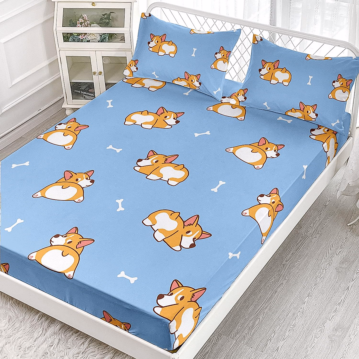 Smell Sunshine Cute Puppy Sheets Set 4Pcs for Kids,Cute Puppy Printed Sheet Set with 1 Flat Sheet and 1 Fitted Sheet + 2 Pillowcases(Cute Puppy Queen)