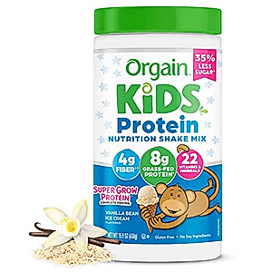 Orgain Kids Protein Powder Shake Mix, Vanilla Bean Ice Cream - 8g Grass-Fed Dairy Protein, 4g Fiber, 22 Vitamins & Minerals, Gluten Free, No Soy Ingredients, Adds Healthy Nutrients to Kids Snacks, 1lb