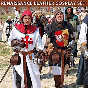 Toulite 6 Pcs Halloween Renaissance Costume Accessories Includes Leather Arm Guards Medieval Viking Belt Potion Bottle with Cork Medieval Bag and Skirt Hike for Men Women Ren Faire Cosplay, Brown