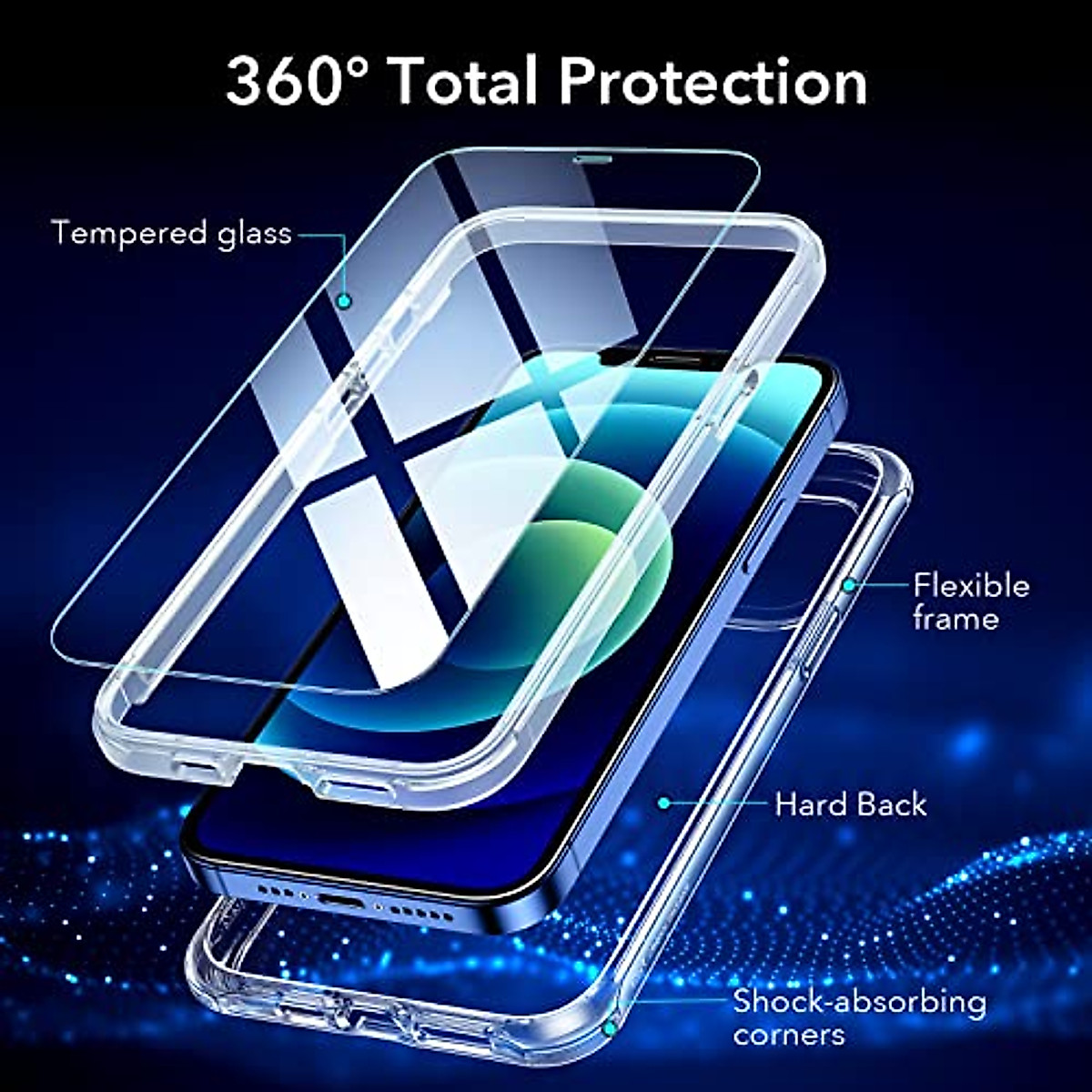 ESR Military-Grade 360° Hybrid Protection Compatible with iPhone 12 Case/iPhone 12 Pro Case [10FT Drop Tested] [Heavy Duty Shockproof ] with [2 Tempered Glass Screen Protectors], 6.1" - Clear