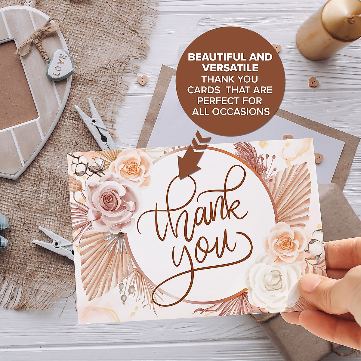 Decorably Thank You Cards with Envelopes & Stickers - 24 Pack Boho Thank You Cards with Envelopes, Blank Inside Baby Shower Thank You Cards Boho, 6x4in Baby Shower Thank You Cards with Envelopes Boho