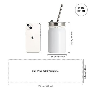 PYD Life Blanks Mason Jar 17 OZ Wide Mouth White Stainless Steel Tumbler with Lid and Metal Straw for Cricut Mug Press Machine Sublimation Print 4 Pack