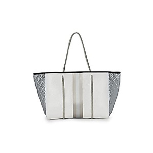 Haute Shore - Greyson Vapor Neoprene Tote Bag w/Zipper Wristlet Inside, White Coated W/Silver & Rosegold Stripe, One_Size