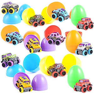 JOYIN 12 Pcs Easter Eggs Filled with Pull Back Monster Cars, Easter Egg Prefilled with Trucks for Kids ​Easter Egg Hunt, Basket Stuffers Filler and Classroom Prize Supplies