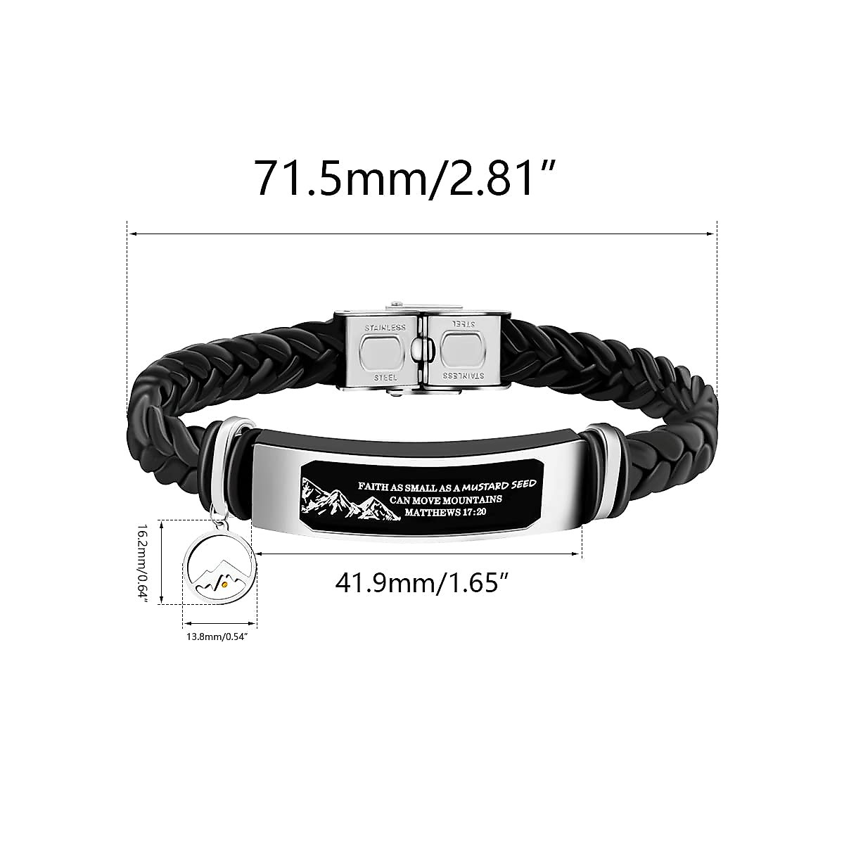 Uloveido Braided Leather Bracelet Engraved Faith Small AS A Mustard Seed Can Move Mountains Matthew 17:20 (Round Mountain Seed)