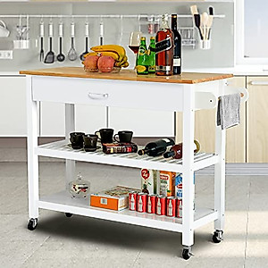 Unovivy Kitchen Island on Wheels, 3 Tier Kitchen Cart with Storage Drawer, 2 Shelves & Towel Rack, Rolling Kitchen Island with Wood Tabletop, Simple Design Mobile Island Table for Kitchen, White