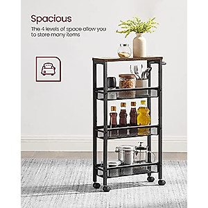 VASAGLE Slim Storage Cart, 4-Tier Rolling Cart Tower, Slide Out Cart with Handle Metal Mobile Shelving Unit for Kitchen Dining Living Room Office Narrow Places, Rustic Brown and Black ULRC032B01V1