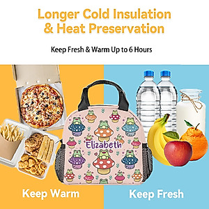 Custom Name Frog Lunch Bag for Kids, Personalized Small Lunch Bags Insulated, Cute Reusable Lunchbox for Teen Girls Boys, Pink Portable Lunchbags for School Travel Picnic, Freezable and Foldable