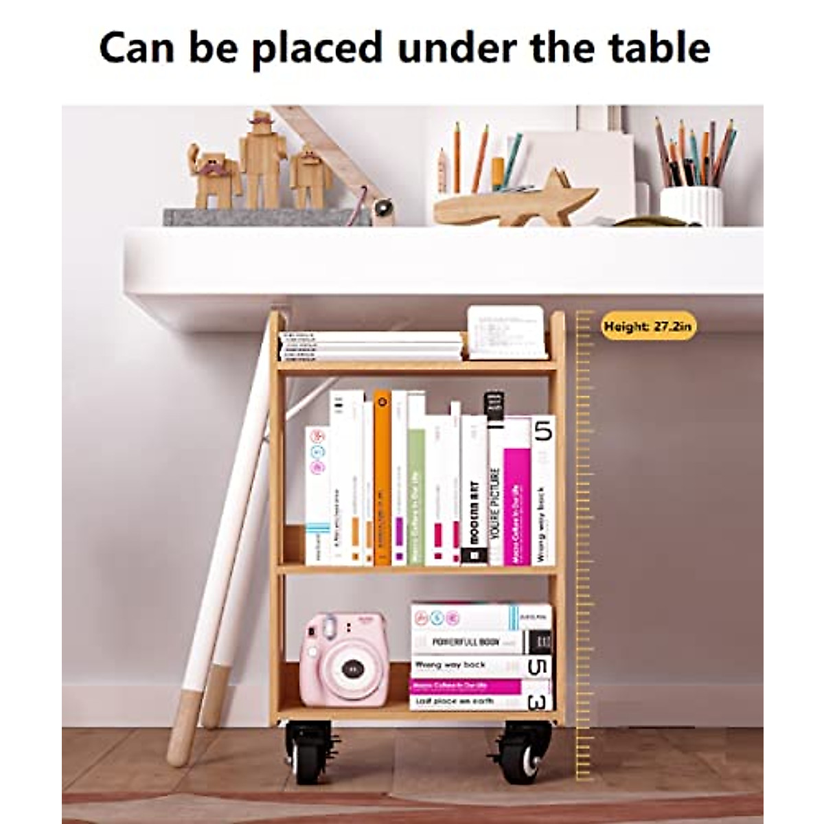 Heehee Mobile Bookshelf on Wheels Bookcase Under Desk Office Cart for Home Office Wooden Bookshelf Sideboard Storage Rack Side Cabinet