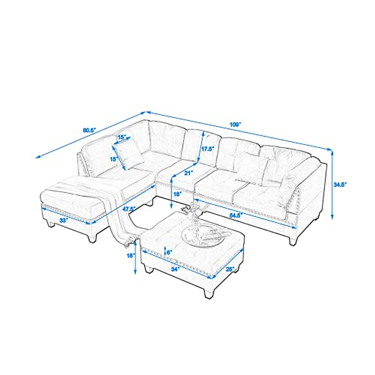 UBGO Living Room Furniture Sets,Modular Sectional Sofa Set,L-Shape Couch Set with Storage Ottoman and Two Small Pillow,Sofas & Couches with Reversible Chaise for Large Space Dorm Apartment-Gray