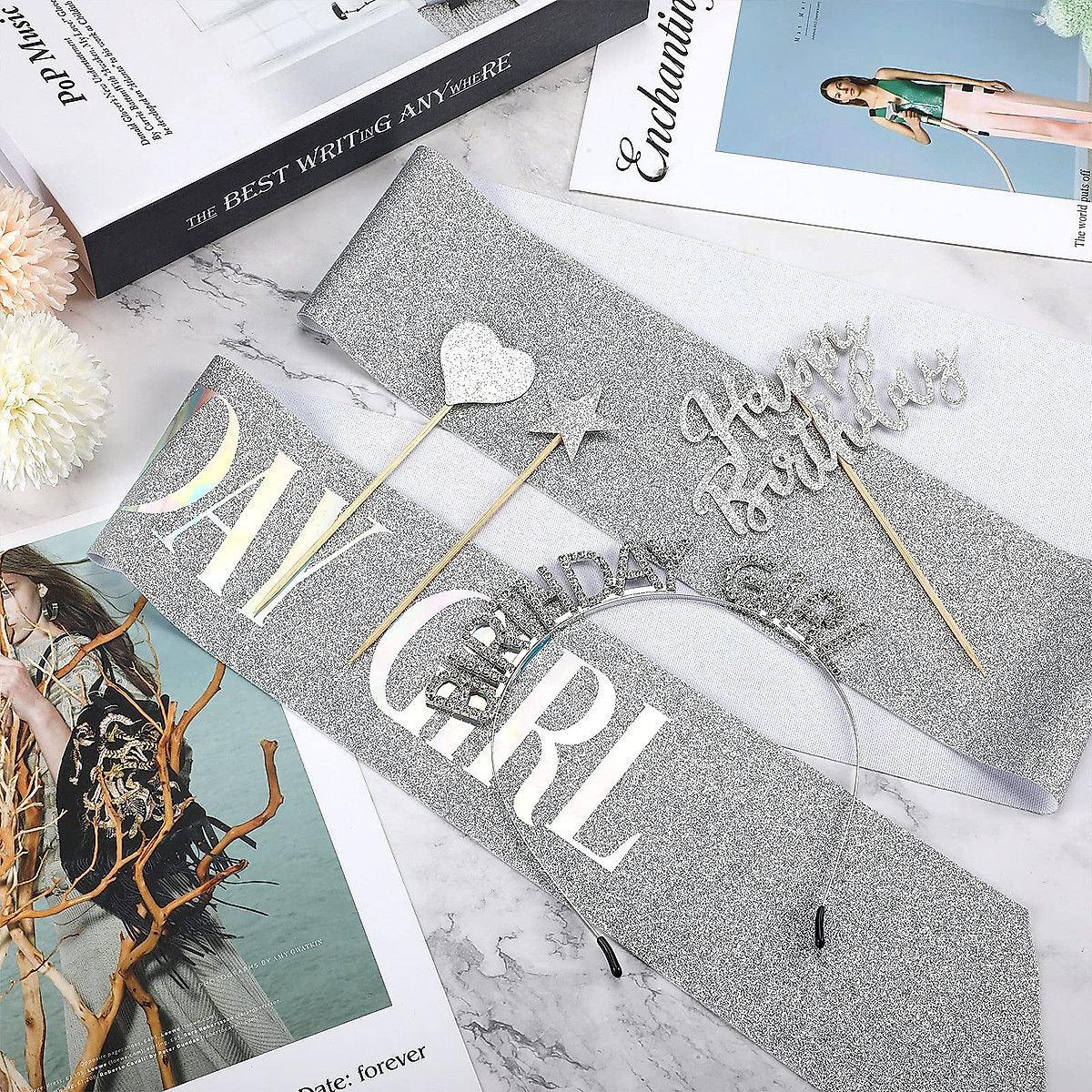 WILLBOND Birthday Tiara and Sash Kit Girls Rhinestone Happy Birthday Crown Headband Cake Toppers Party Favors