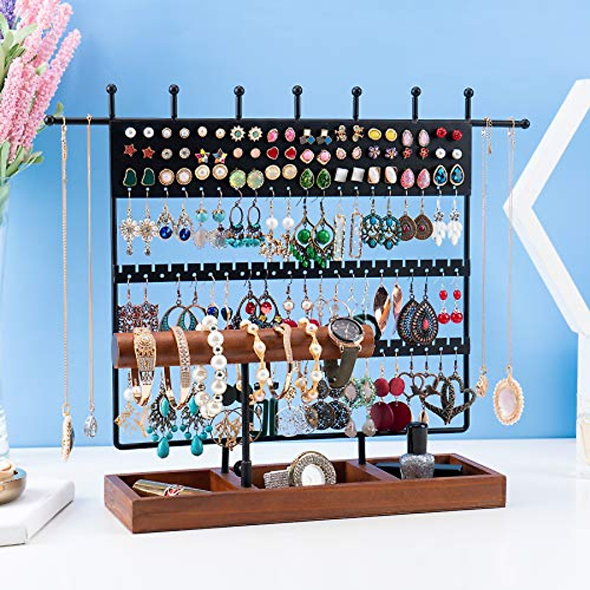 QILICHZ Earring Organizer Earring Stand 124 Holes Earring Holder Jewelry Stand Jewelry Holder Jewelry Organizer Jewelry Tower Rack with Wooden Tray for Home Use and Jewelry Display