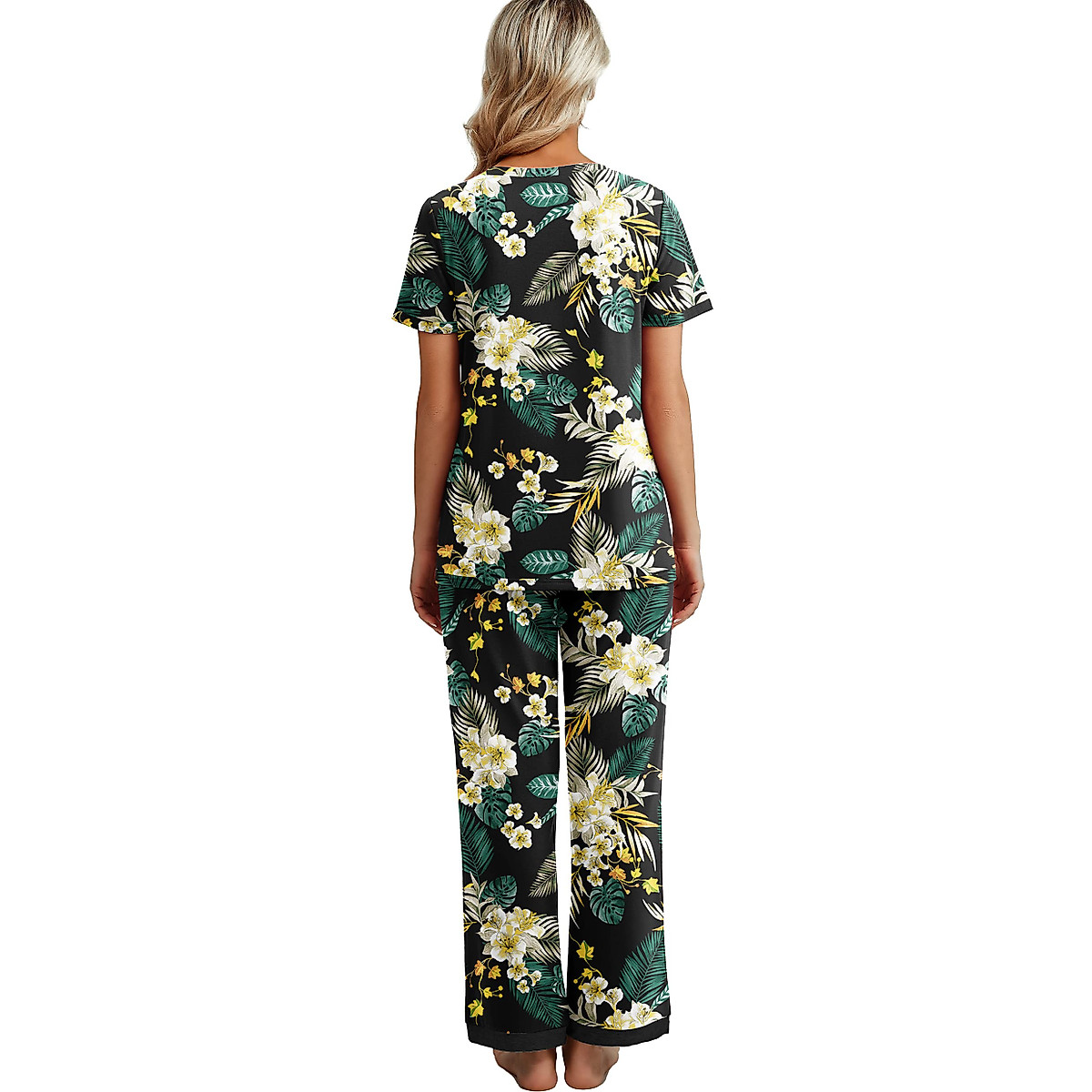 PrinStory Womens Pajama Sets 2025 Short Sleeve Pajama Sets for Women 2 Piece Lounge Set Ladies Soft Pjs FP-Green Leaf Lily-L