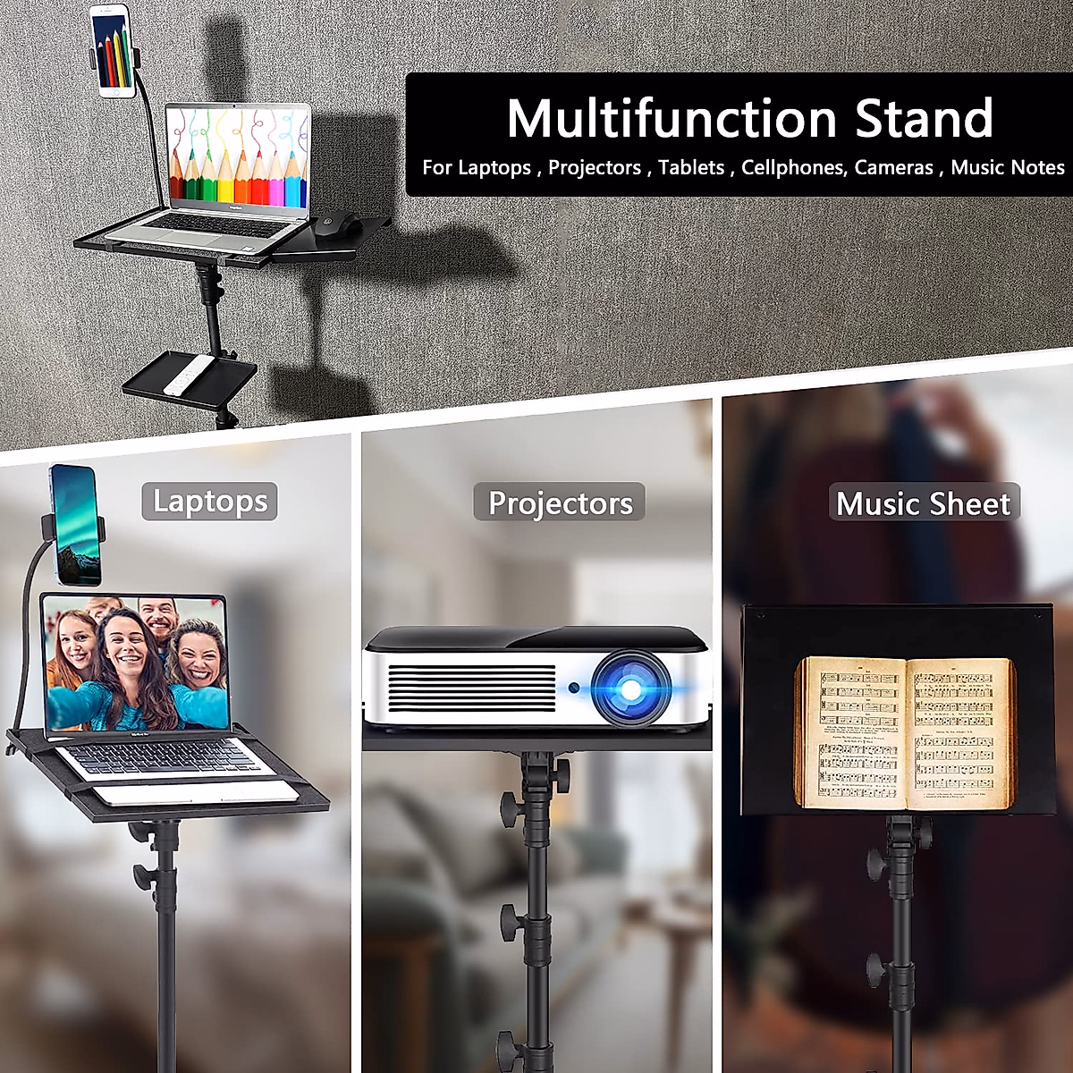 Asltoy Projector Tripod Stand with Wheels Adjustable Height Laptop Tripod Stand Treadmill Laptop Stand with 2 Shelves Mouse Tray Phone Holder Projector Tripod Music Stand Office Home Portable Laptop Floor Stand