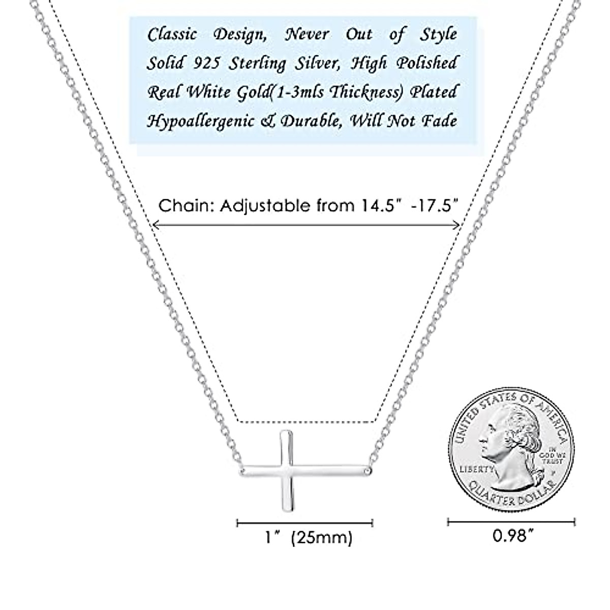 LANE WOODS Christmas Gifts 18K Real White Gold(3-5mls) Plated 925 Sterling Silver Sideways Cross Necklace for Women