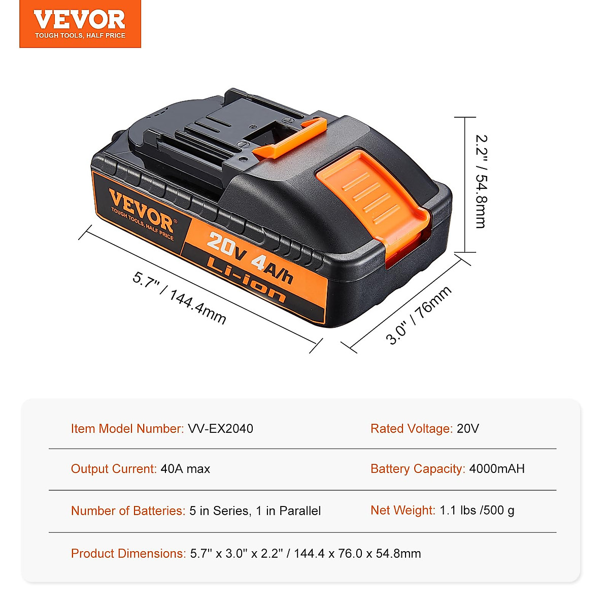 VEVOR 20V 4.0Ah Lithium-Ion Battery - High-Capacity Replacement Battery Pack for Power Tools Batteries, Compatible with 20V Cordless Power Tools
