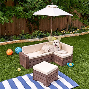 KidKraft Wooden Outdoor Sectional Ottoman & Umbrella Set with Cushions, Patio Furniture for Kids or Pets, Bear Brown & Beige