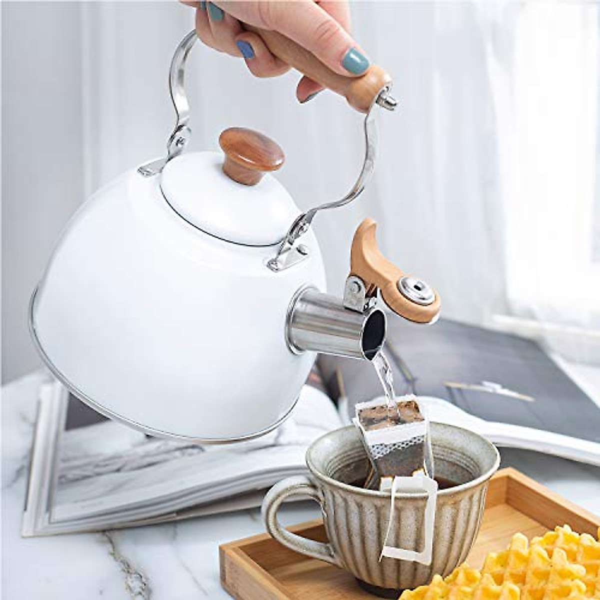 ROCKURWOK Whistling Tea Kettle, 1.6 QT / 50 OZ, White Teapot, Universal Base for Induction | Gas | Electric | Halogen | Radiant, Wooden Handle, Vintage
