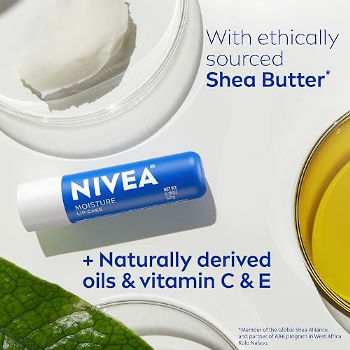 NIVEA Moisture Lip Care, Hydrating Lip Balm with Shea Butter, Nourishing Oils and Vitamin C & E, 3-in-1 Moisture, Repair and Nourish, 0.17 Oz Stick, Pack of 4
