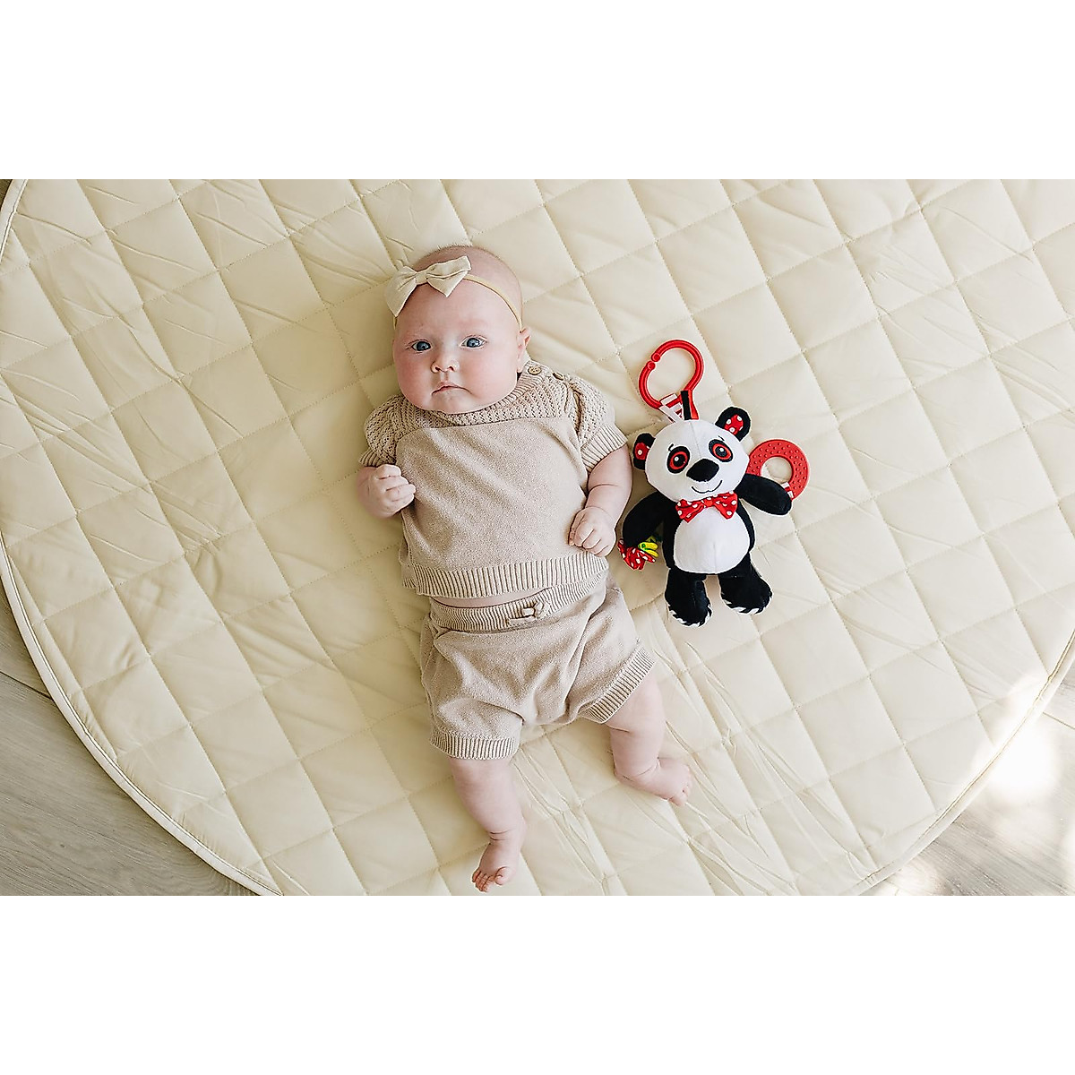 Genius Baby Toys Panda Soft Sensory Toy with Teething Ring for Baby, Attaches to Stroller, 8"
