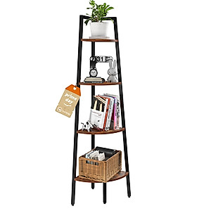 Yoobure 4-Tier Corner Bookshelf with Metal Frame - Ladder Display Shelf for Bedroom and Living Room, Tall Wood Corner Bookcase and Plant Stand
