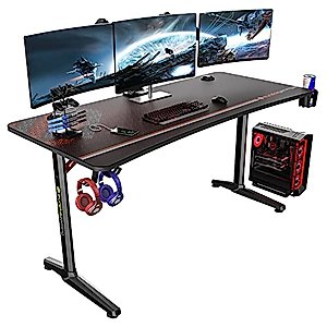 EUREKA ERGONOMIC 60 Inch Gaming Desk with Full Mouse Pad, Large Home Office Curved Computer Desk for 3 Monitors with Cup Holder, Headphone Hook and Handle Rack with USB Charging Ports for Gamer, Black