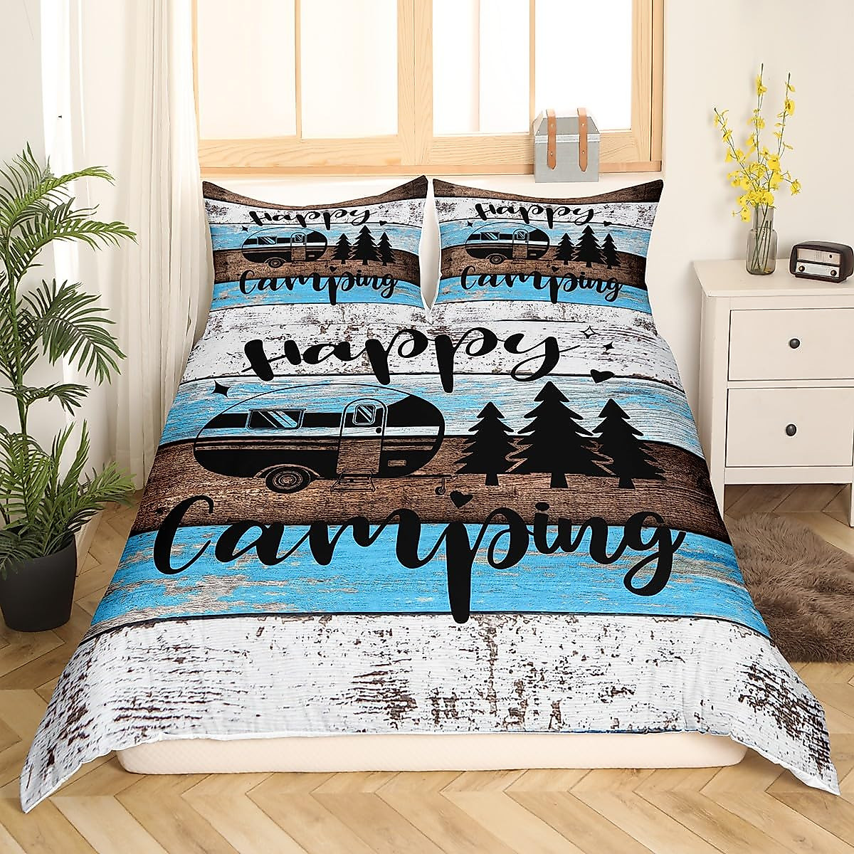 RV Camper Comforter Cover Queen Size,Happy Camping Wild Adventure Duvet Cover for Teenagers Bedroom Decor,Farmhouse Style Wood Barn Comforter Cover 3 Piece with Zipper Closure,Blue White