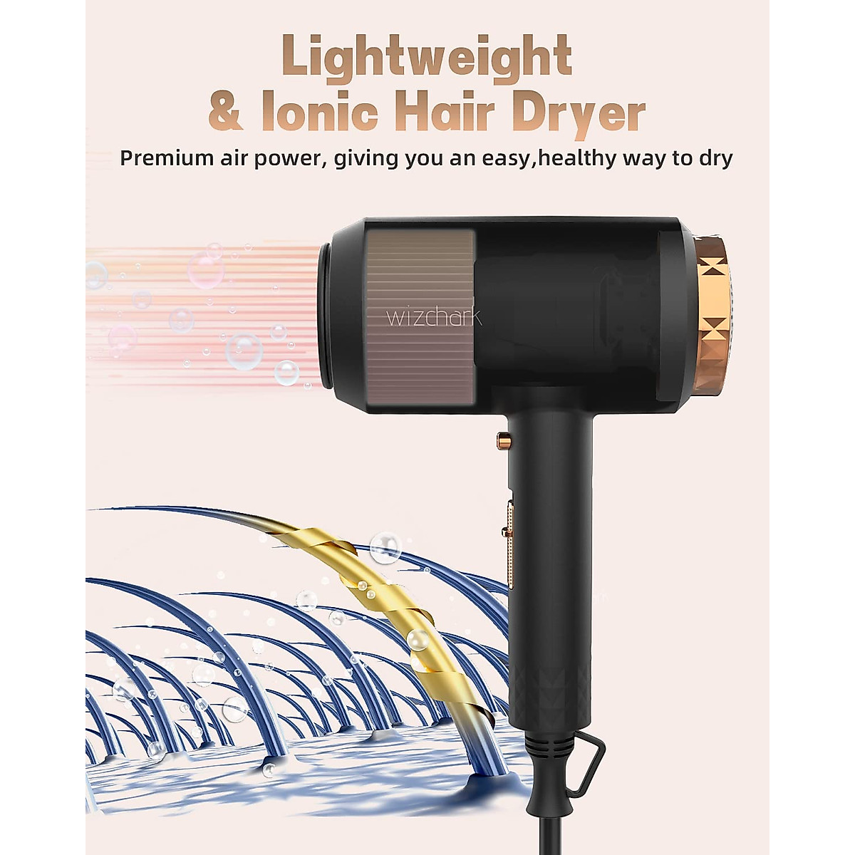 WIZCHARK Hair Dryer with Diffuser, Ceramic Ionic Blow Dryer for Women Curly Hair, Lightweight Compact Professional Salon Hairdryer with Diffuser Attachment, Cool Air Button 2 Speeds/Heats, Black