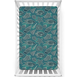 Sea Shells Themed Fitted Mini Crib Sheets,Portable Mini Crib Sheets Soft Toddler Mattress Sheet Fitted-Baby Crib Sheets for Girl or Boy,24“ x38“,Petrol Blue Beige Teal
