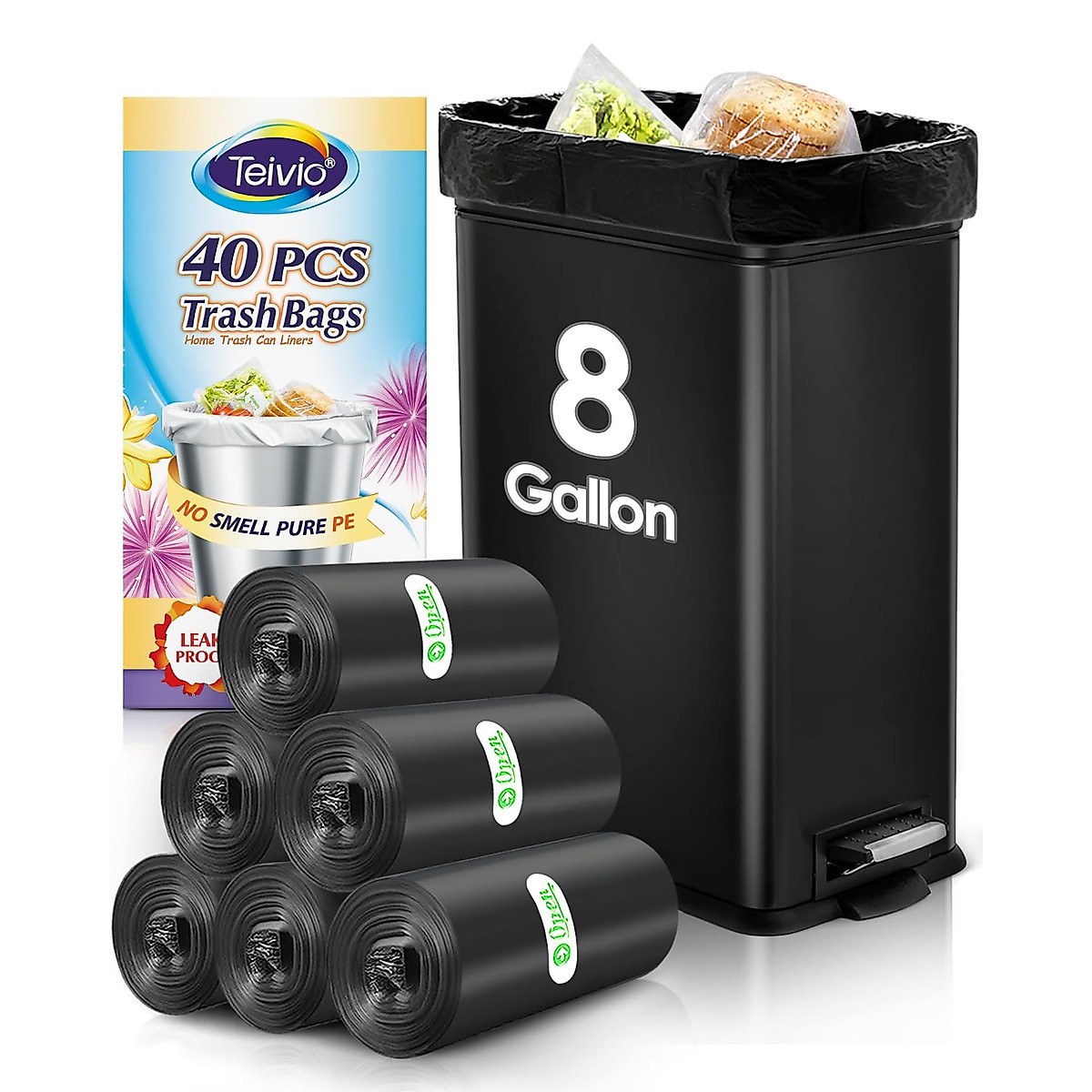 8 Gallon 40 Counts Strong Medium Trash Bags Garbage Bags by Teivio, Bathroom Trash Can Bin Liners, Plastic Bags for home office kitchen, Black