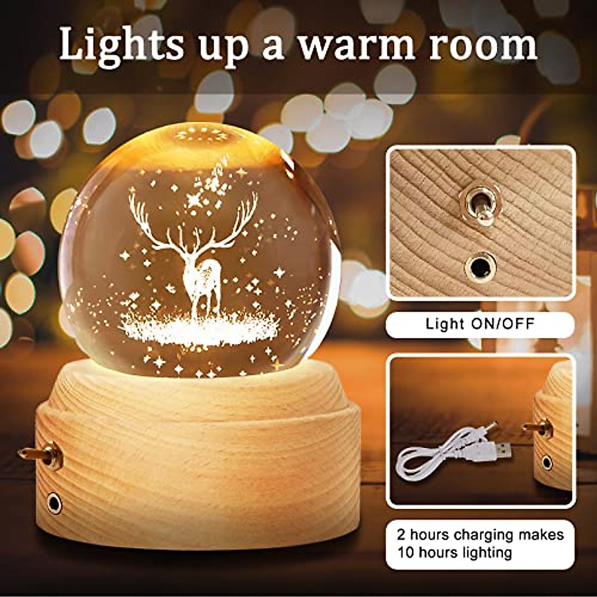 3D Crystal Ball Globe Deer Music Box with LED Night Light Lamp, Best Decor Gifts for Father Dad Husband Men Boyfriend Girlfriend Mom Women Wife Daughter Kids, Graduation Birthday Anniversary Wedding