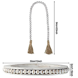 Wood Beaded Tray and Wood Bead Tassels Garland Decorative Farmhouse Style Distressed Whitewashed Wooden Tray for Kitchen Counter or Serving Tray (Classic Style)