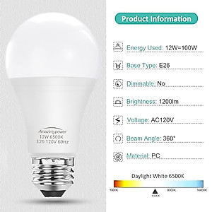 Amazing power 100W Equivalent E26 LED Bulbs, Daylight White Non-Dimmable Medium Screw Base Light Bulbs 6500K, 4-Pack