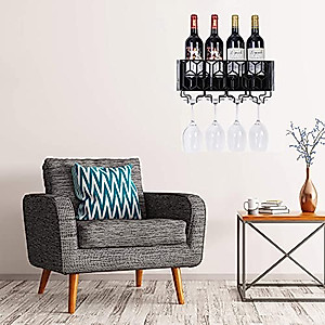 Satauko Wall Mounted Metal Wine Rack for 4 Long Stem Glass Storage, Wine Bottle Holder for Home Kitchen Décor, Rustic Floating Wine Shelves Organizer for Living Room Display.