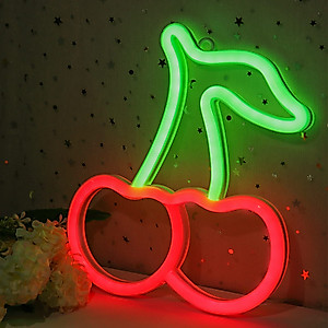 Cherry Neon Sign for Wall Decor, Cisteen Led Neon Light Wall Sign Hanging Art Light Children Light for Kids' Bedroom, Baby Nursery Room, Party, Christmas (USB Charging) (Green&Red)