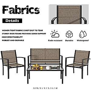 Greesum 4 Pieces Patio Furniture Set, Outdoor Conversation Sets for Patio, Lawn, Garden, Poolside with A Glass Coffee Table, Brown